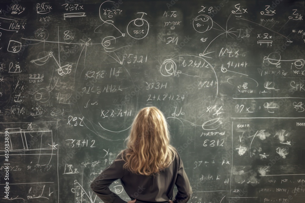 Student girl solving a complex mathematical equation on a giant ...