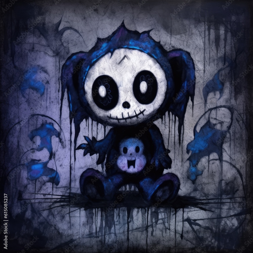 Cute emo panda monster animal illustration, charcoal hand draw ...