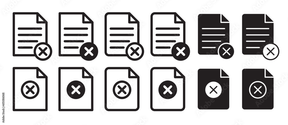 Cancel file icon set. Wrong document or form with cross sign. Contract ...