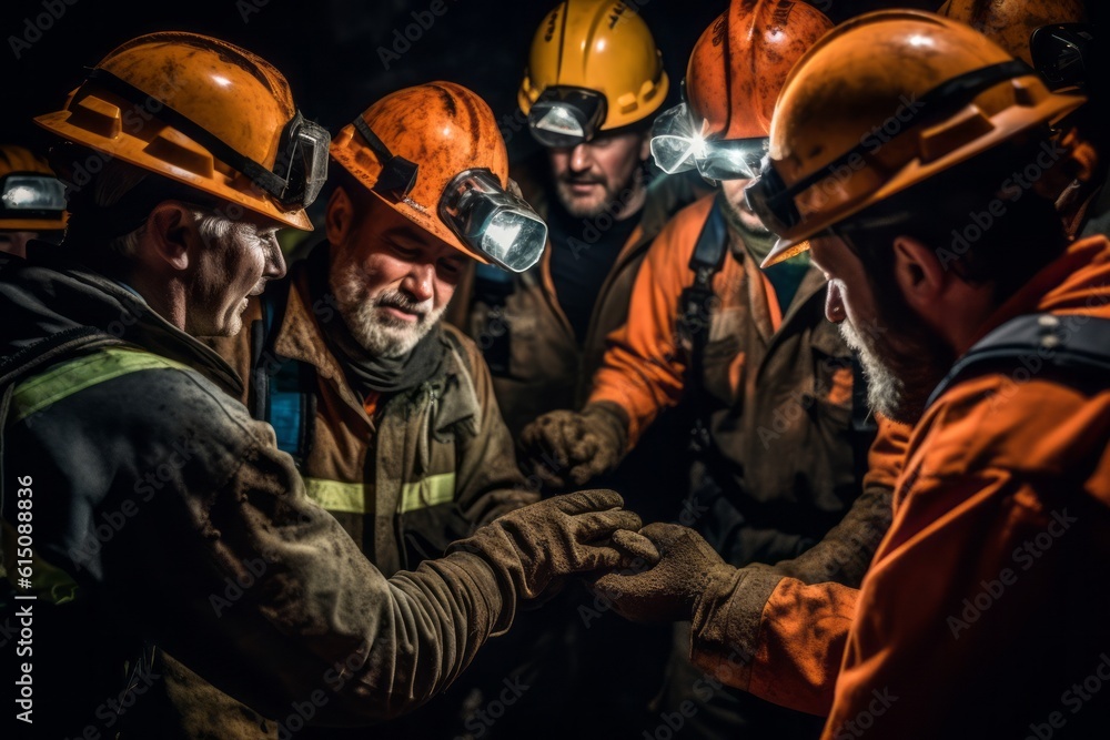 A group of miners collaborating and working together in a dark ...