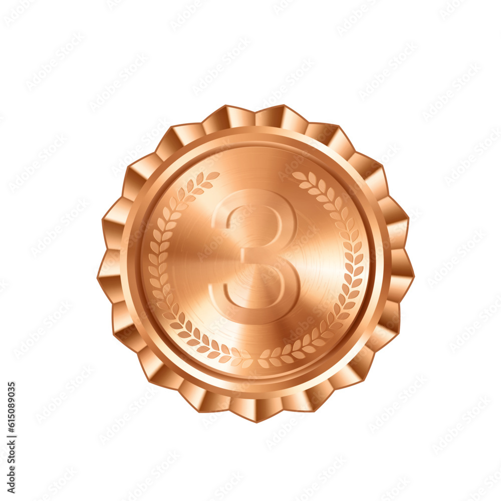 Realistic bronze medal with engraved laurel wreath and number three ...