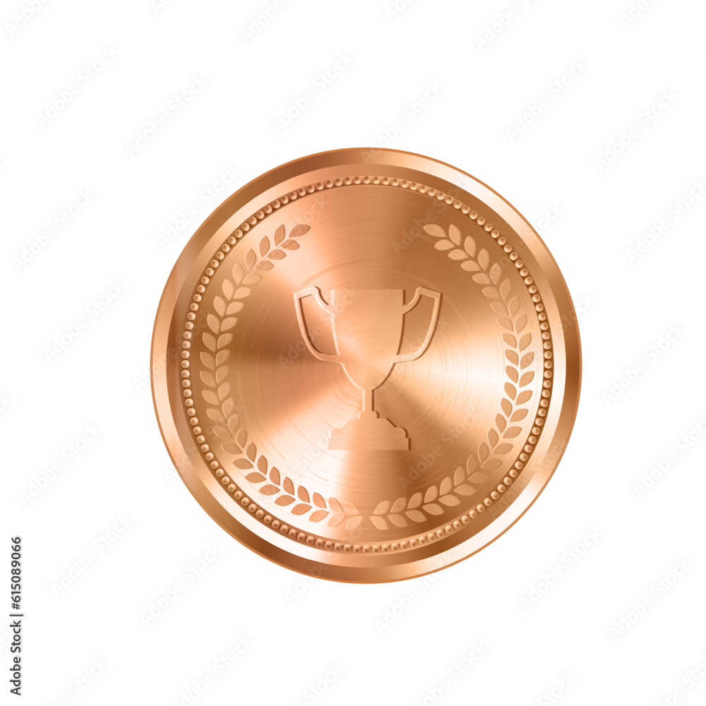 Realistic bronze medal with engraved laurel wreath and winner cup ...