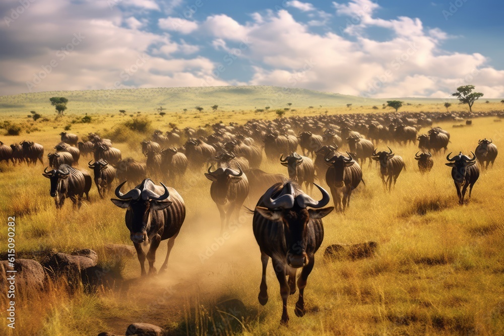Annual wildebeest migration in the Serengeti, showcasing a vast ...