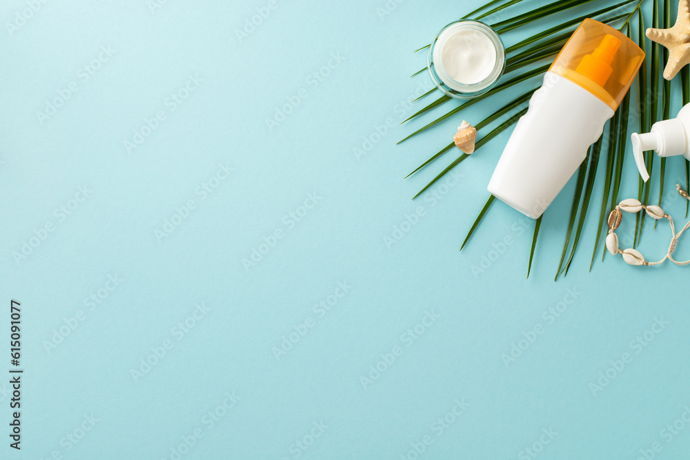 Inviting top view composition for sun protection promotion: unlabeled ...