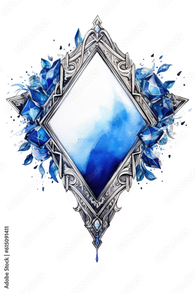 sapphire and silver swashes, watercolor paint abstract border frame for ...