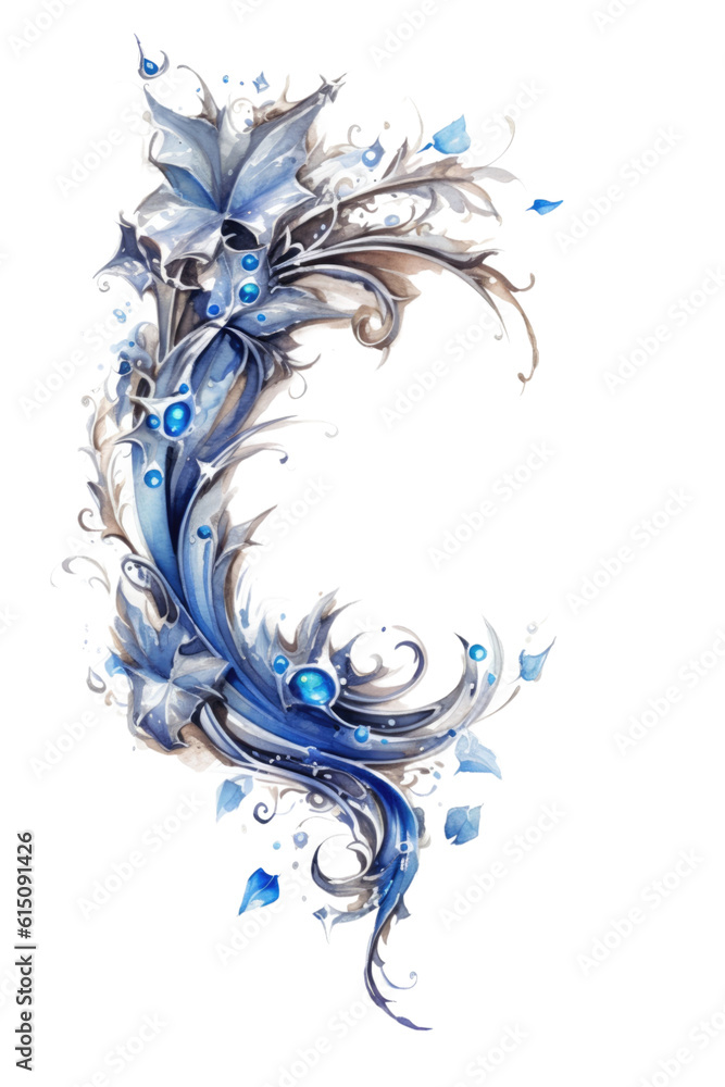 sapphire and silver swashes, watercolor paint abstract border frame for ...