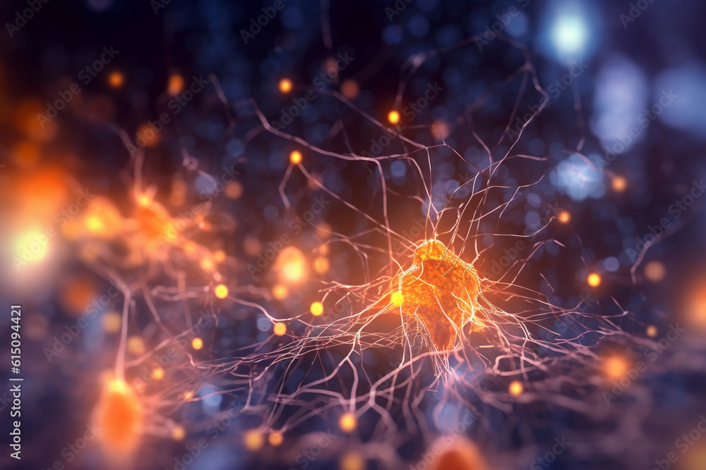 Synaptic connections in a neural network, with shimmering particles and ...