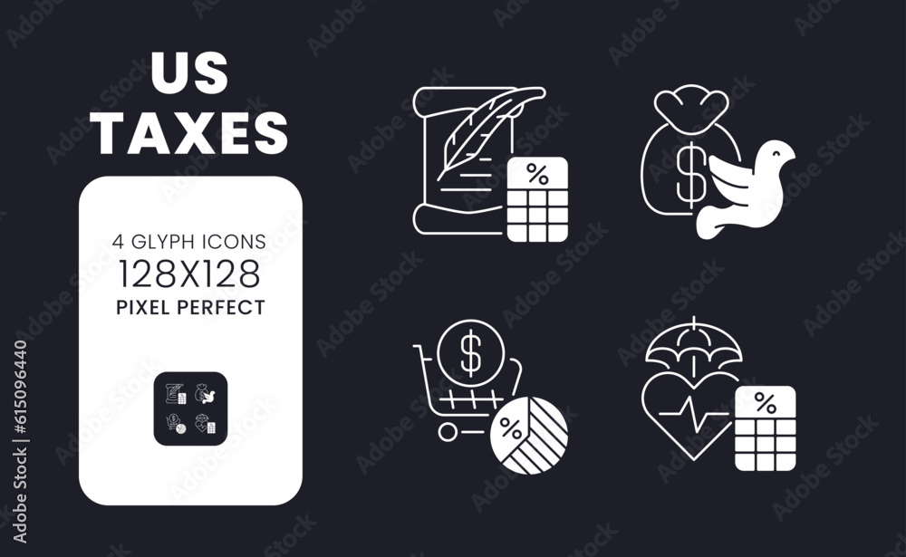 US taxes white solid desktop icons set. Fiscal responsibilities ...