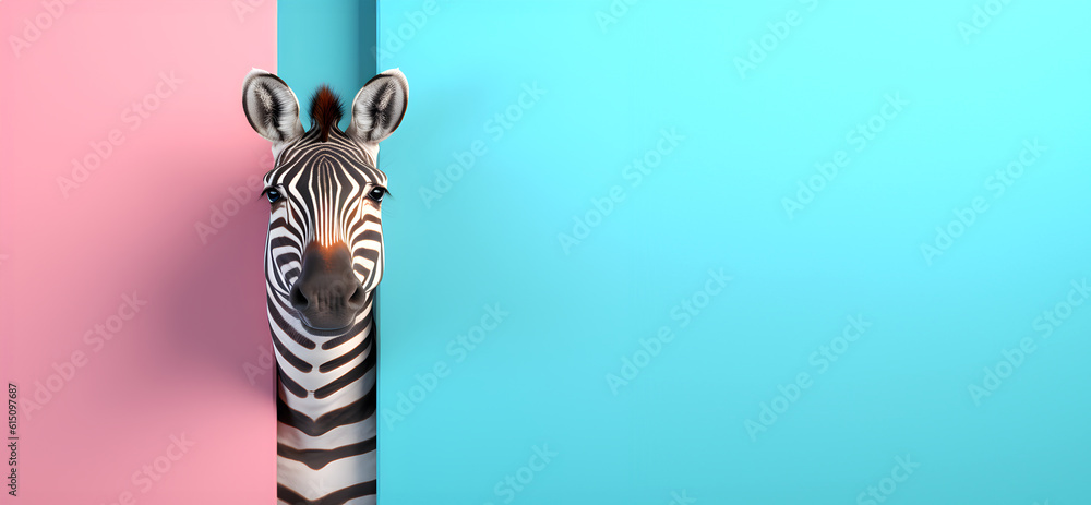 Creative animal concept. Zebra peeking over pastel bright background ...