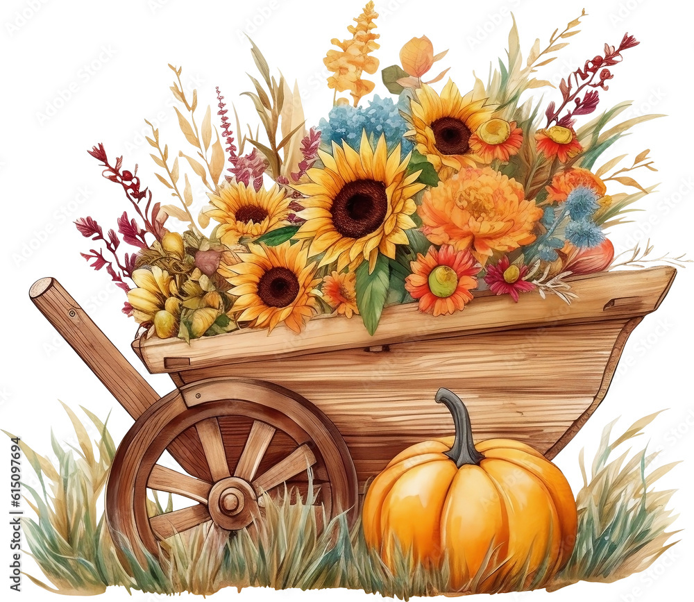 Wooden Wheelbarrow with Sunflower Clipart, Fall Wheelbarrows, Planter ...