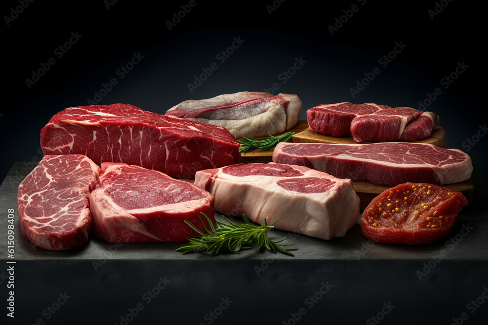 An assortment of freshly cut and trimmed steaks, showcasing the high ...