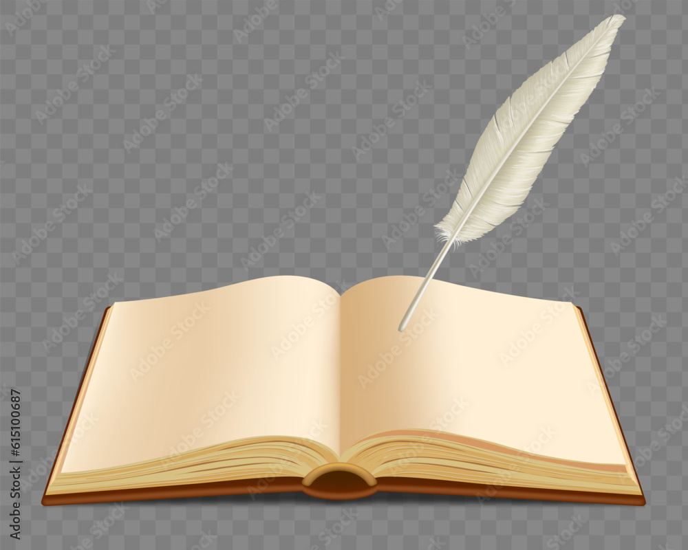Open book with blank pages and an ink pen for writing. Template ...
