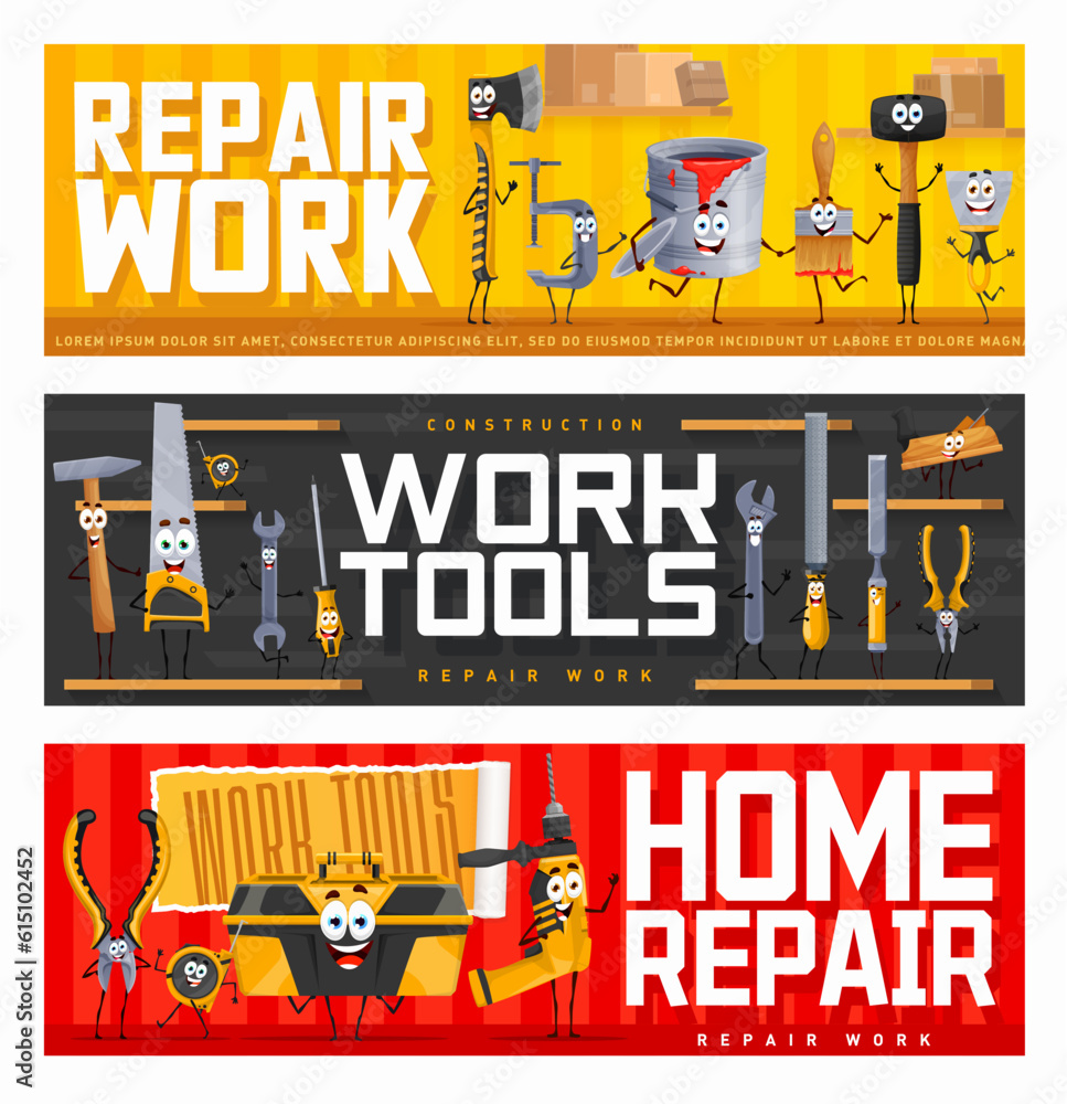 Cartoon repair DIY work tool characters, construction or handyman ...