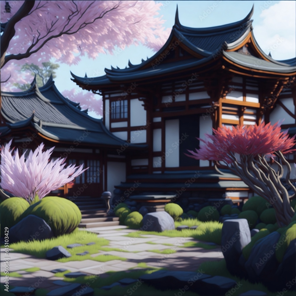 Beautiful Japanese Courtyard Landscape in a Bright Day. Fantasy ...