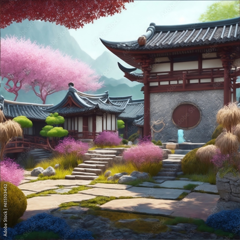Beautiful Japanese Courtyard Landscape in a Bright Day. Fantasy ...