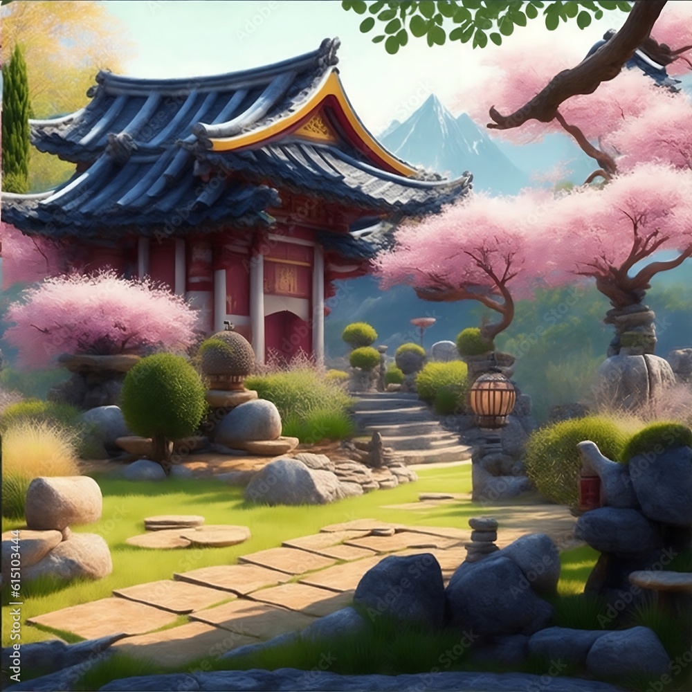 Beautiful Japanese Courtyard Landscape in a Bright Day. Fantasy ...