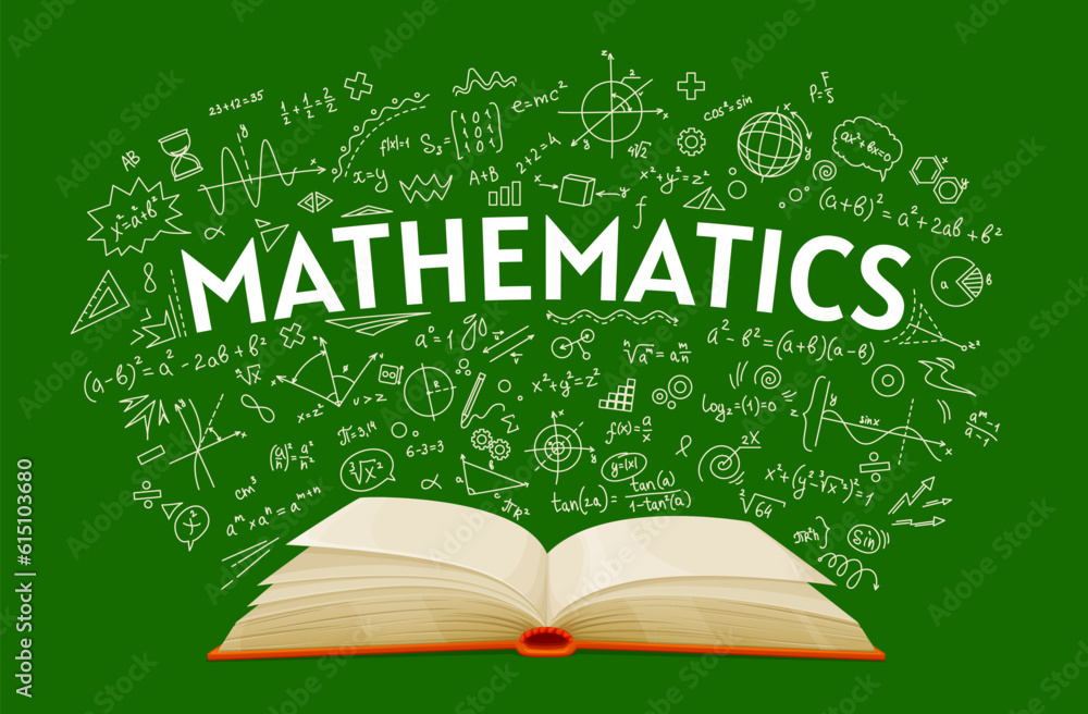 Mathematics textbook on school chalkboard background, vector education ...