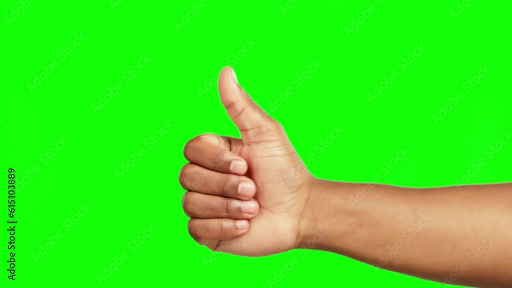 Hands, thumbs up and winning in success on green screen for good job ...