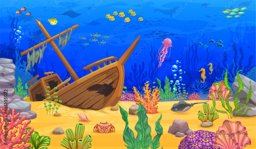 Cartoon underwater landscape with sunken ship. Sea deep wildlife scene ...