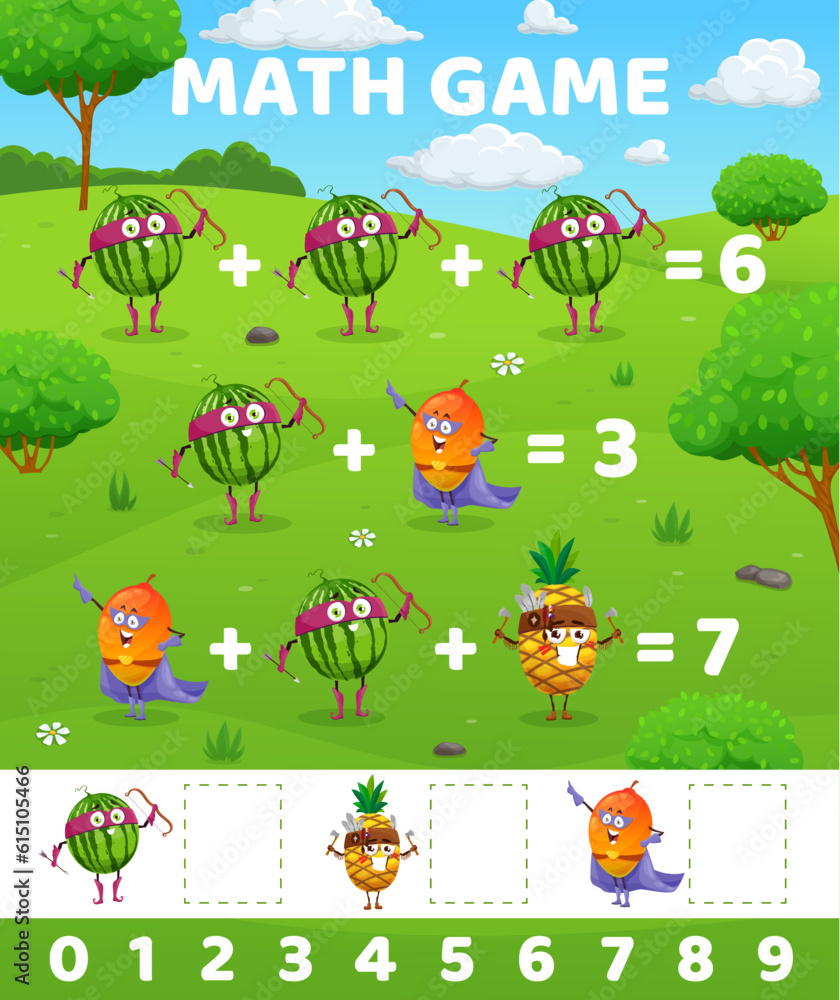 Watermelon, mango and pineapple characters, math game worksheet, vector ...