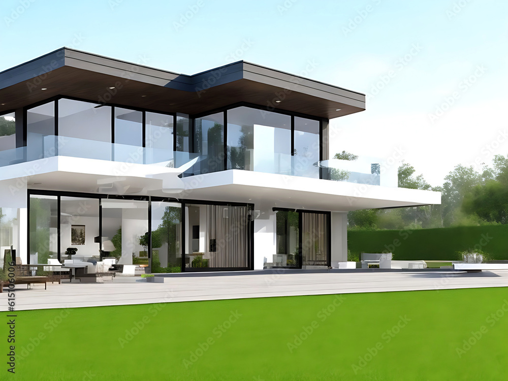 3D visualization of a modern one-story house with a flat roof and a ...