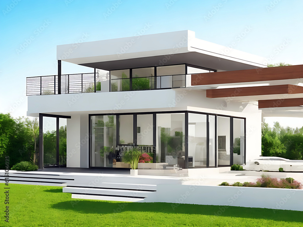 3D visualization of a modern one-story house with a flat roof and a ...