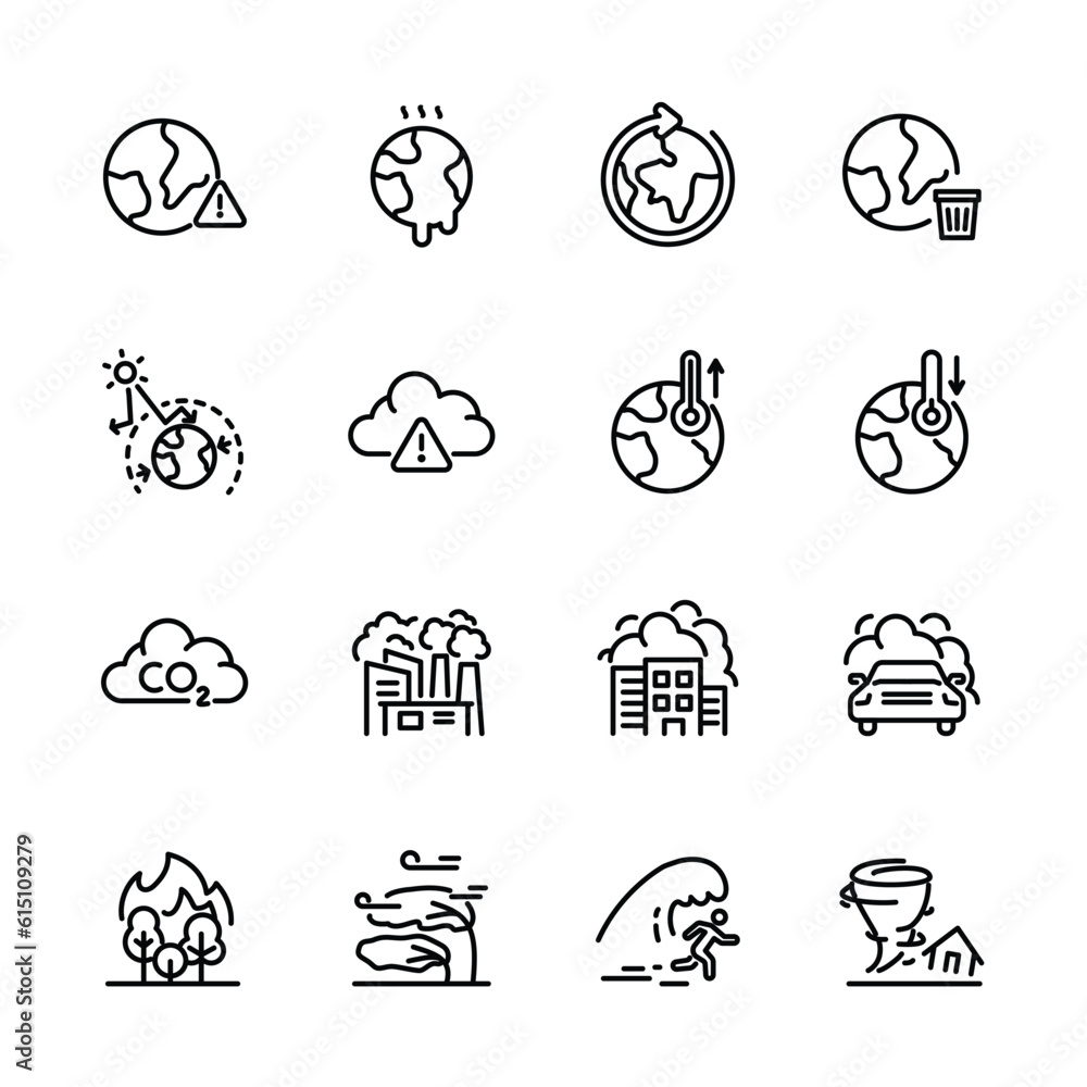 Set of climate change icons, Global warming effect , earthquake ...