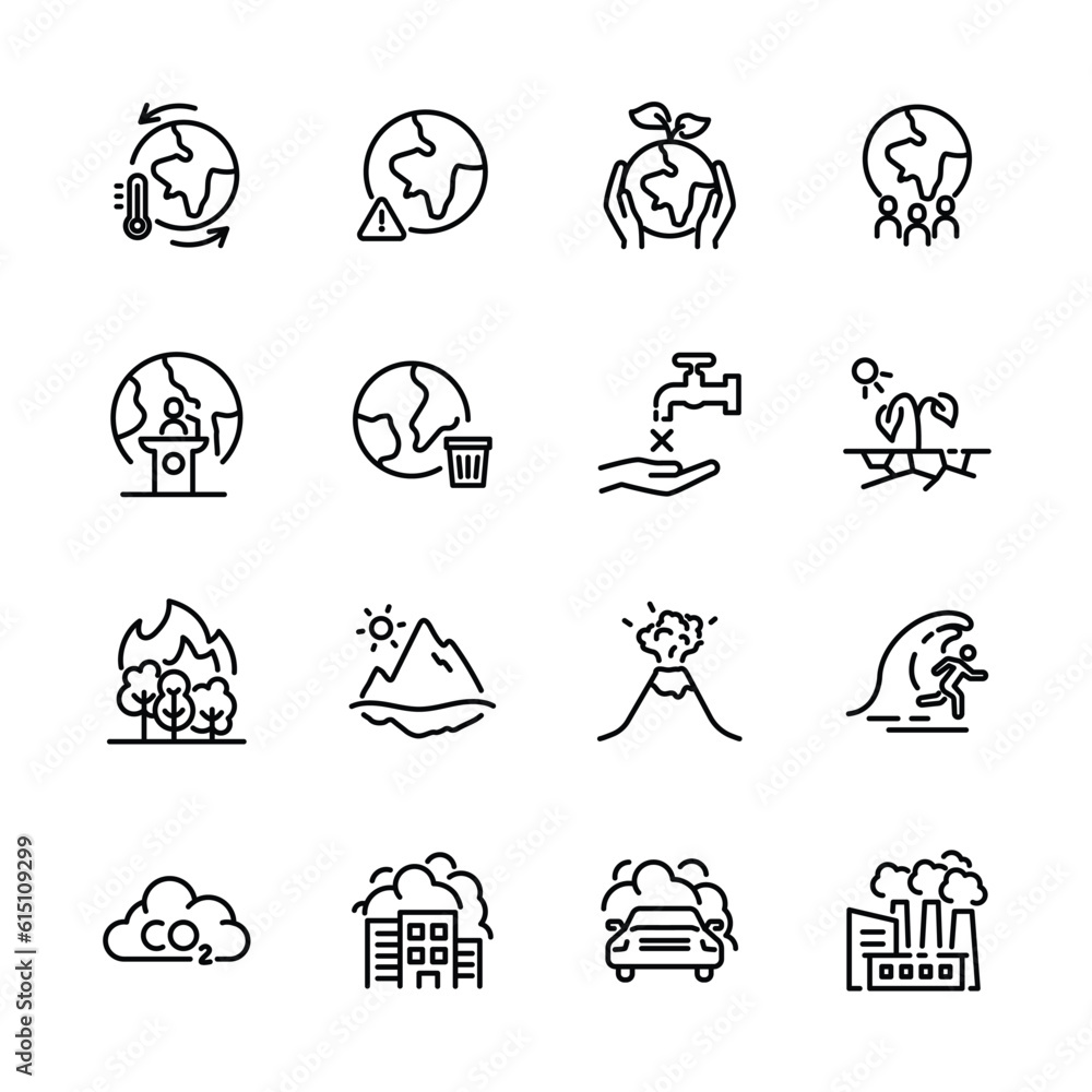 Set of climate change icons, Global warming effect , earthquake ...