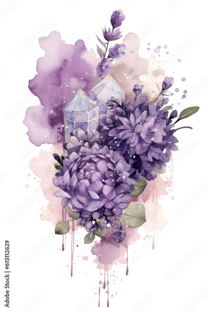 cluster of amethyst and lavender bubbles, watercolor paint abstract ...