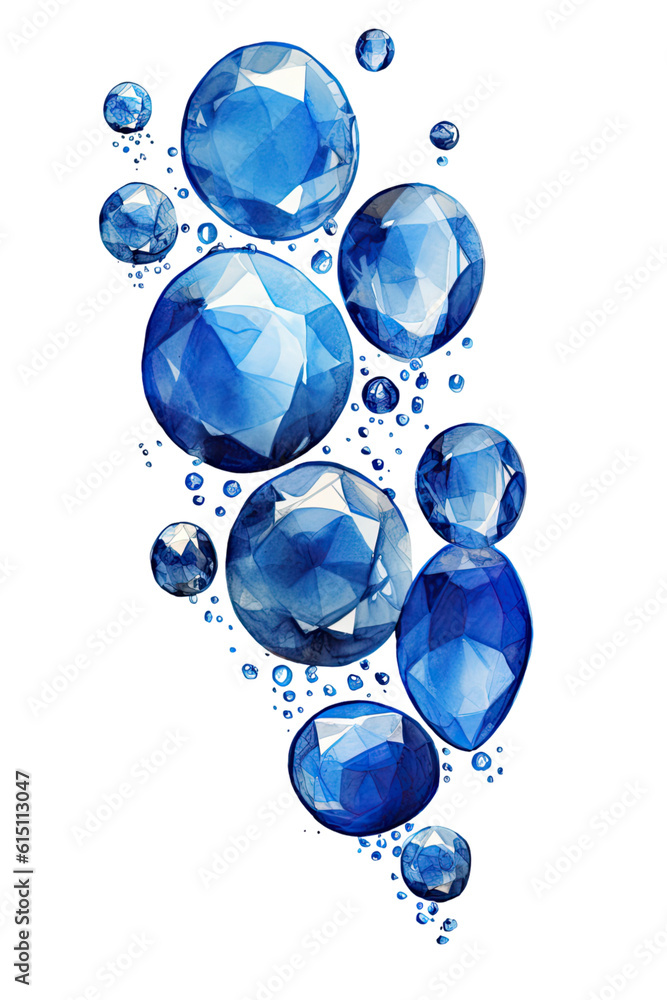 cluster of sapphire and silver bubbles, watercolor paint abstract ...
