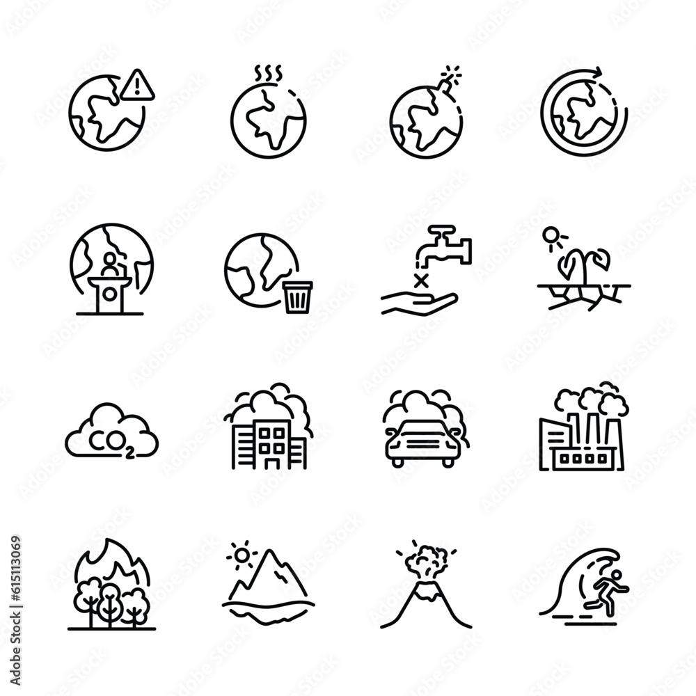 Set of climate change icons, Global warming effect , earthquake ...
