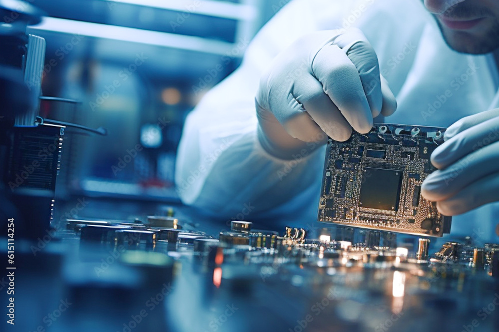 Scientist in coveralls working on a processor chip in a laboratory ...