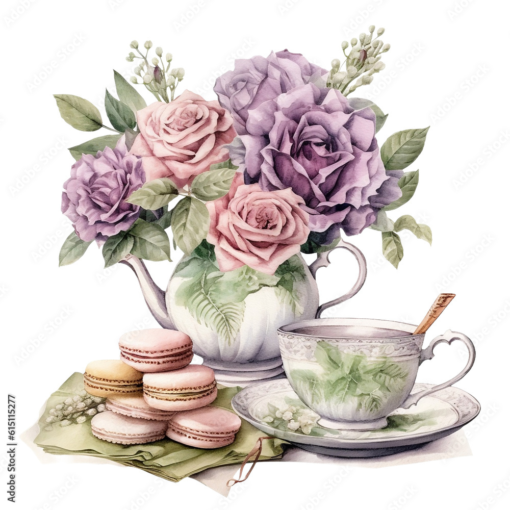 Vintage Afternoon Tea Floral : Delicate Watercolor Clipart, Afternoon ...