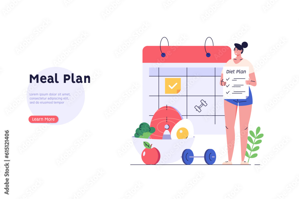 Diet plan illustration. Woman planning diet with calendar and fresh ...