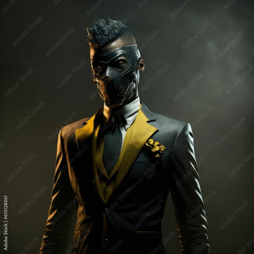Sinister corporate overlord in a masked villain persona wearing a suit ...
