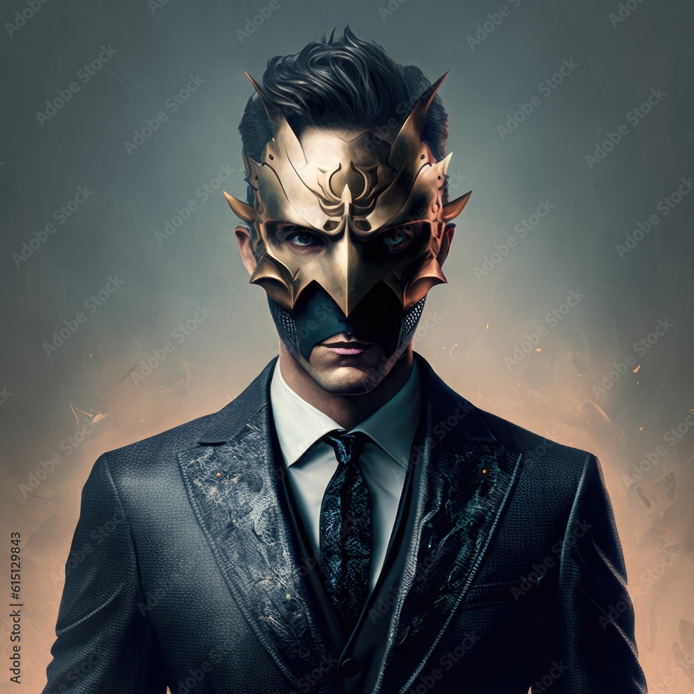 Sinister corporate overlord in a masked villain persona wearing a suit ...