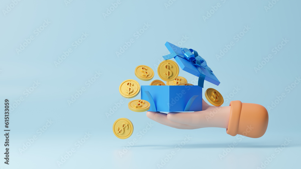 3D Cartoon hand holding open gift box surprise with gold coins, earn ...