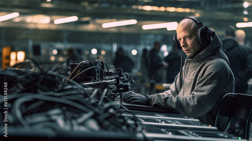 adult bald man with headphones and thick jacket in an industrial hall ...