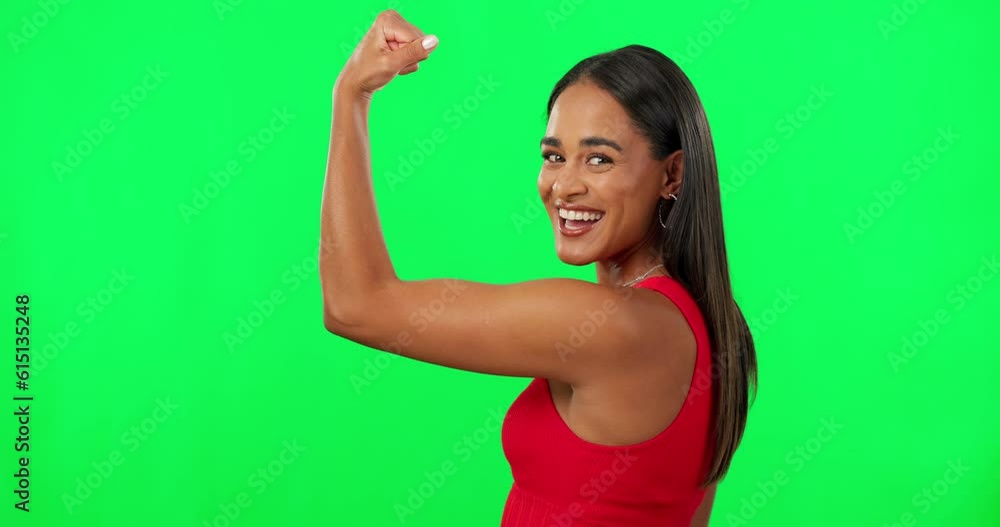 Woman, power and champion, flexing on green screen with muscle and ...