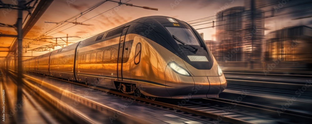 High speed train in motion on the railway station at sunset. Fast ...