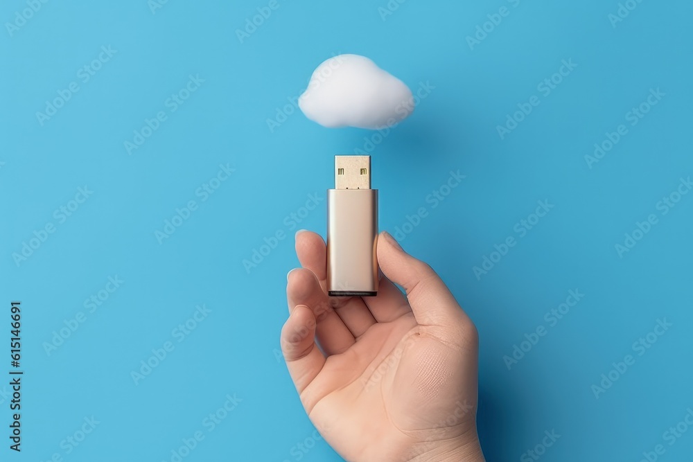 Hand connecting usb flash drive to cloud, blue background, hand ...