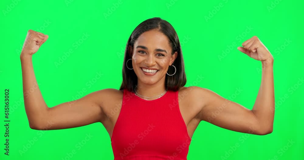 Woman, face and champion, flexing on green screen with muscle and ...