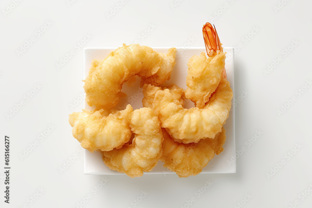 Traditional Japanese tempura dish. Large breaded shrimp fried in oil on ...