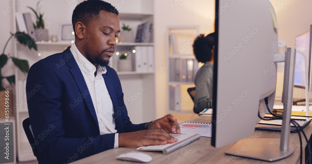 Laptop, office administration and happy black man typing finance report ...