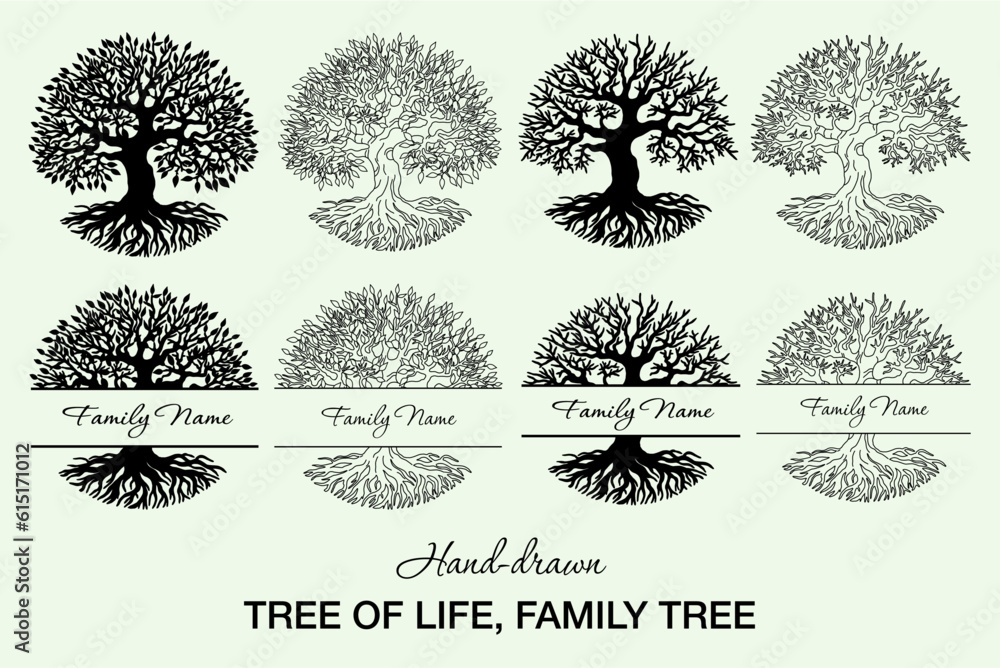 Tree of Life Vector Set, Hand-drawn Ancient Tree Clipart, Family Name ...