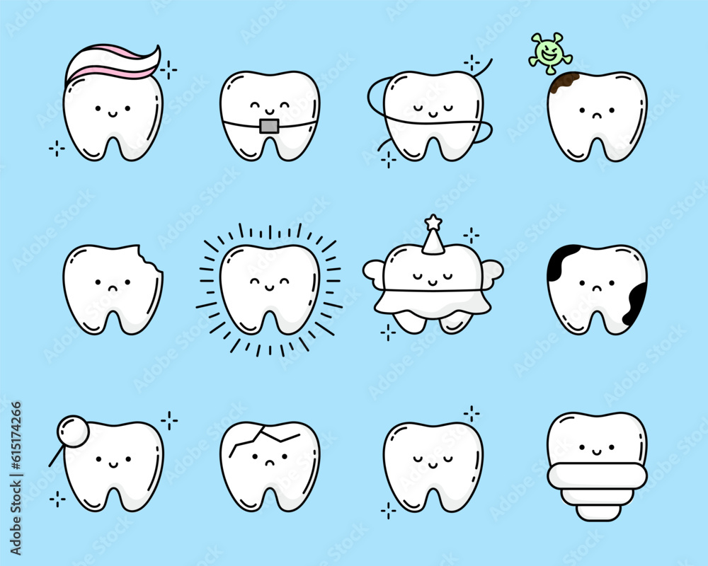 Cartoon tooth mascot. Cute teeth with different emotions set for label ...