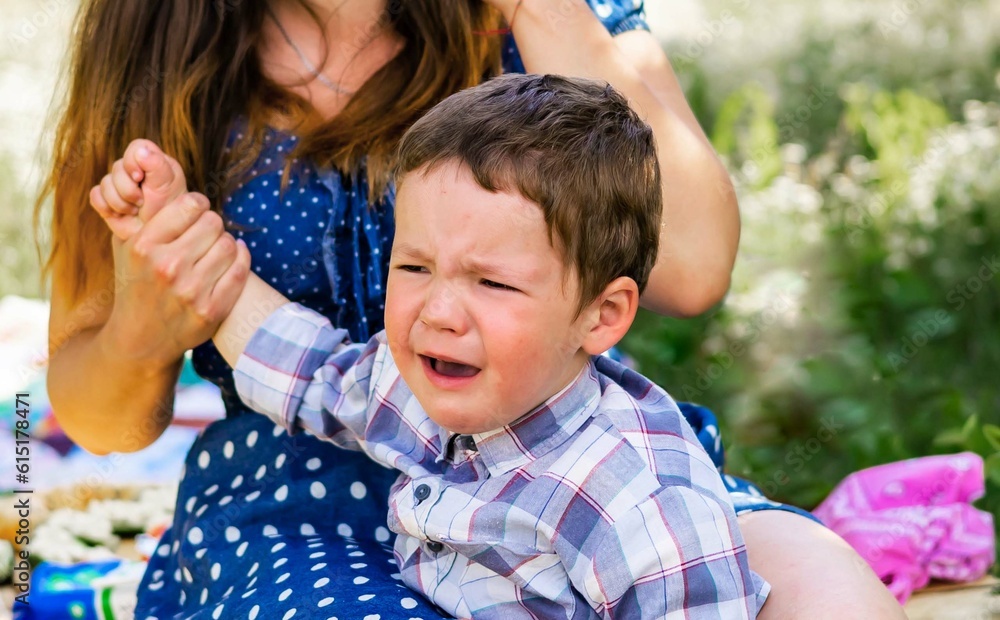Mother comforting a crying baby. A baby is crying in the garden. His ...