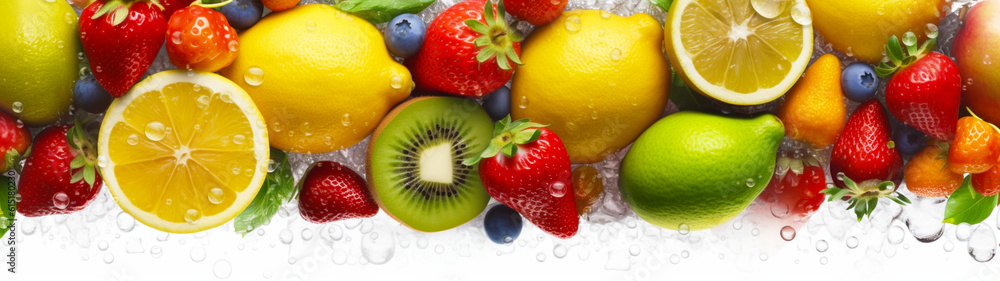 Banner with fresh fruits with water drops, isolated on white background ...
