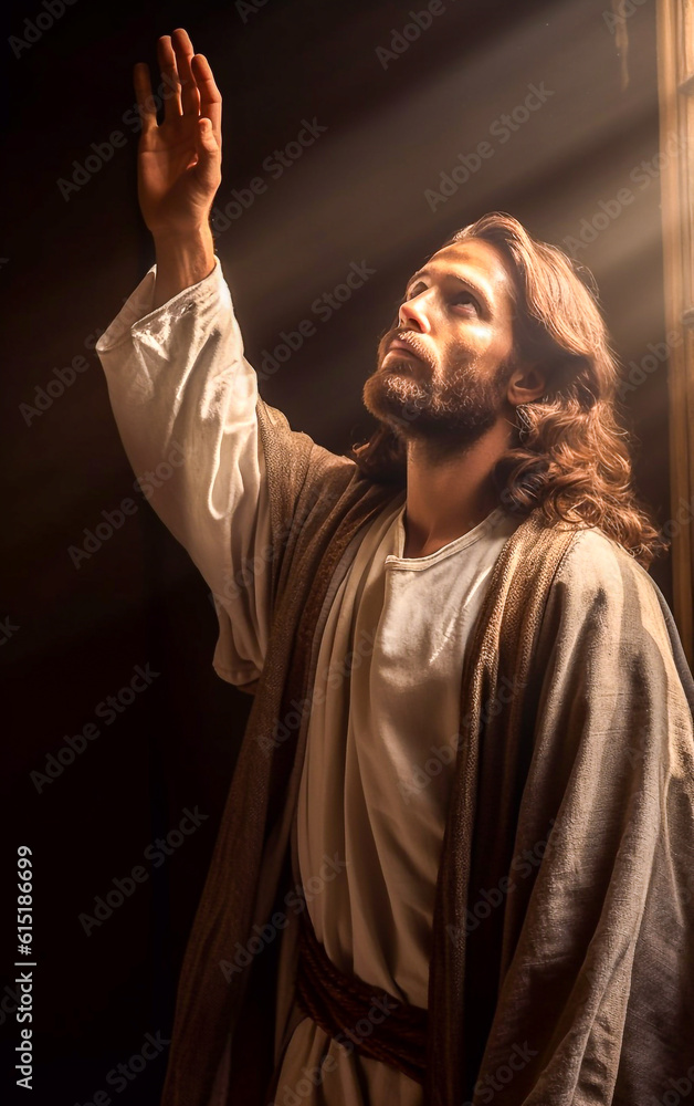 Ilustracja Stock: Jesus Christ looking up to the light of God with a ...
