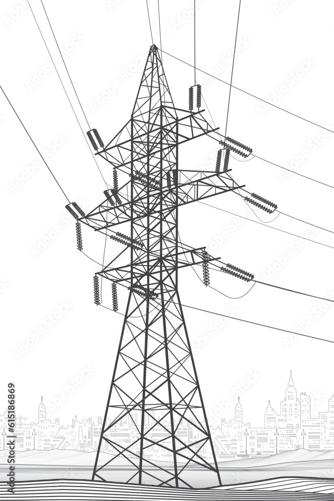 High voltage transmission systems. Electric pole. Power lines. A ...